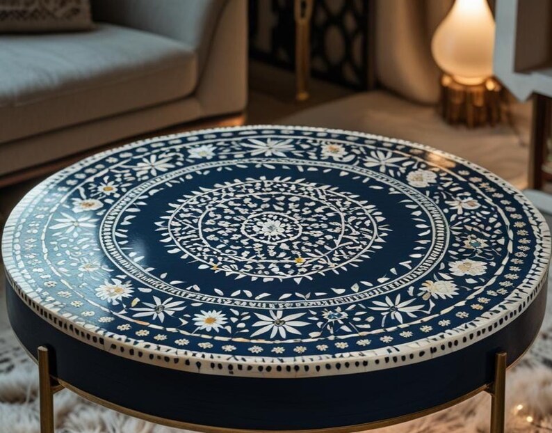 Handmade Blue Bone Inlay Coffee Table, Floral Mandala, Gold Legs - Etsy