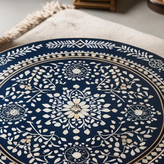Round Blue Bone Inlay Coffee Table, Handmade Home Decor Floral Inlay ...