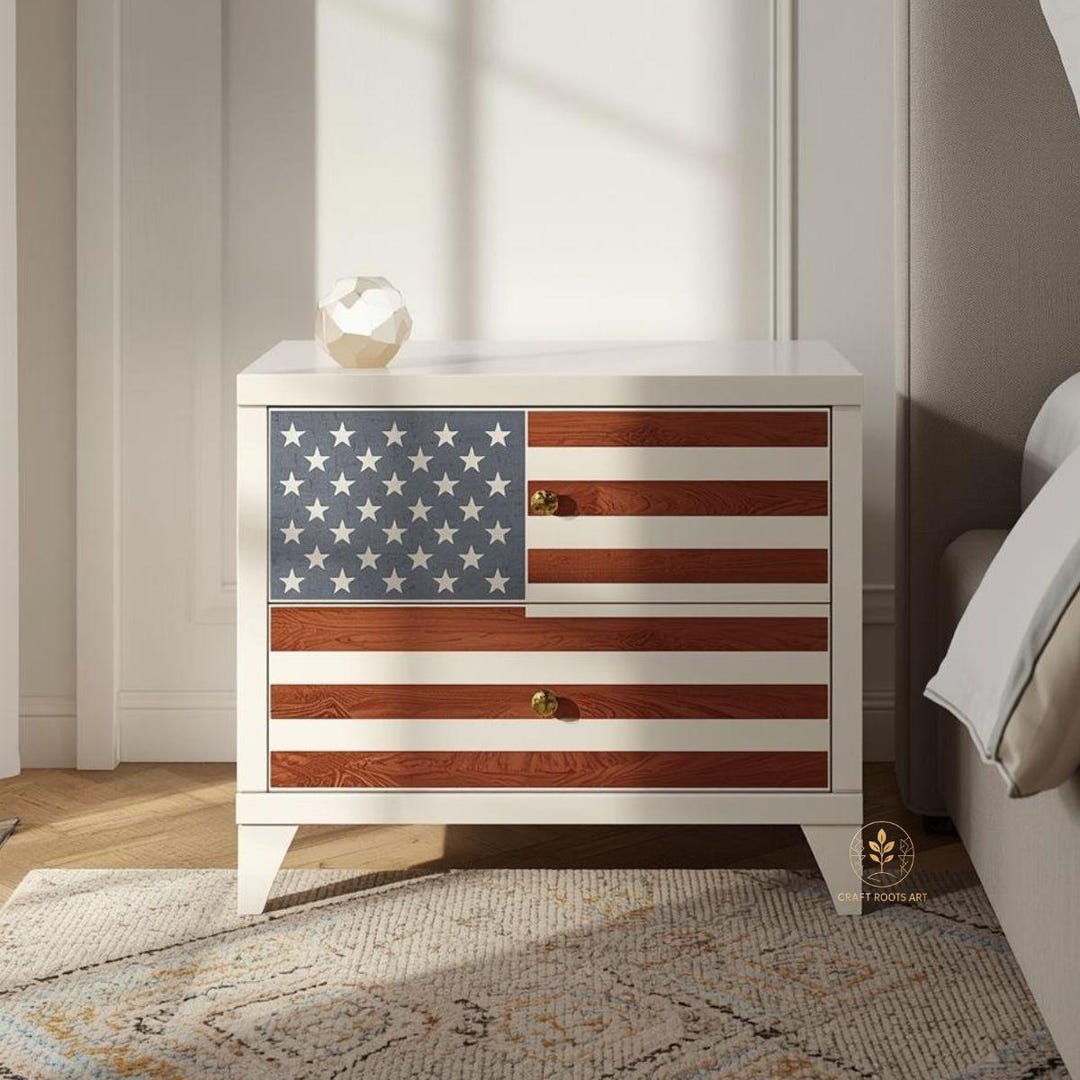 American Flag Bone Inlay Nightstand, Handmade Inlay Bedside Table ...