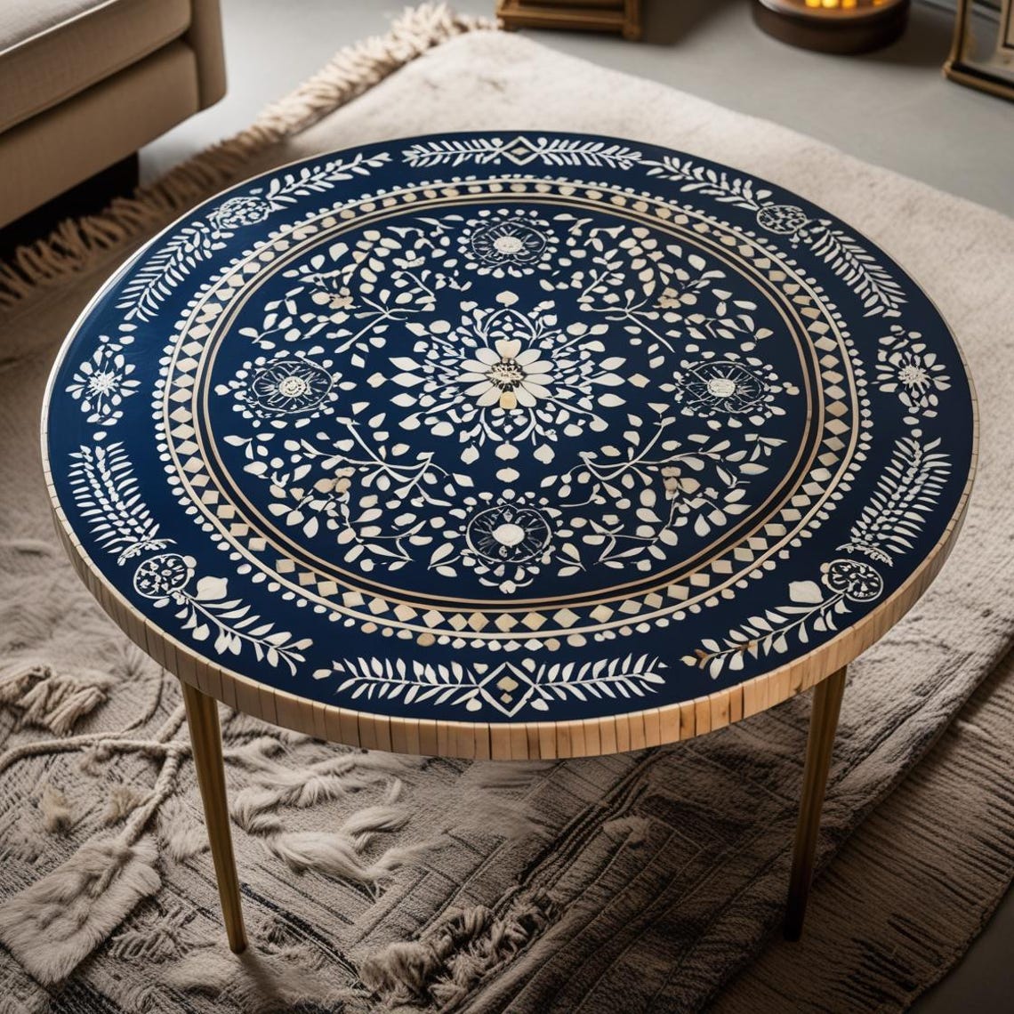 Round Blue Bone Inlay Coffee Table, Handmade Home Decor Floral Inlay ...