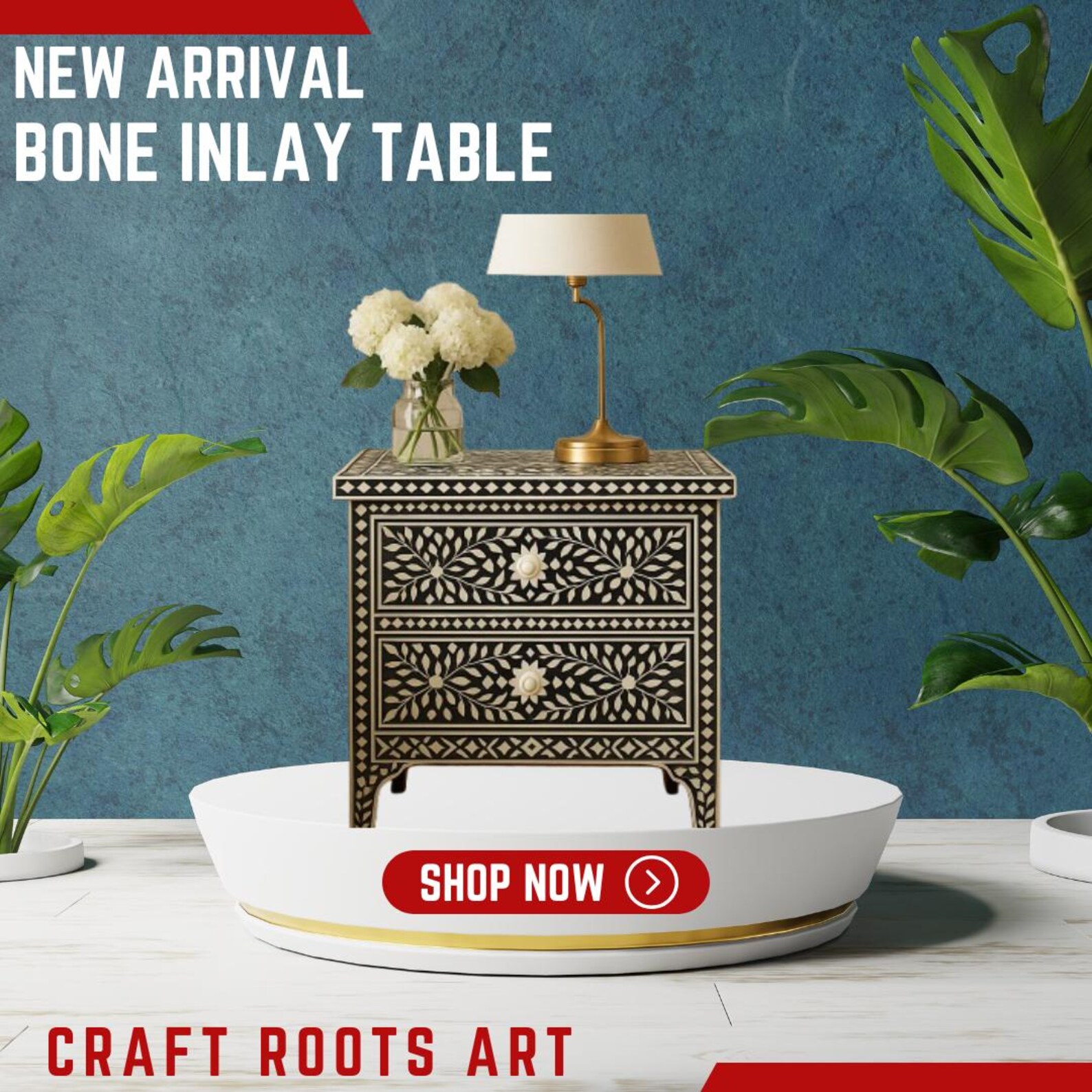 Bone Inlay Bedside Table, Bone Inlay Nightstand, Square Bone Inlay ...