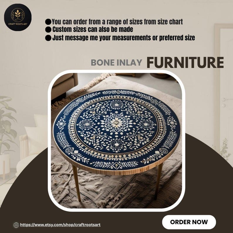 Round Blue Bone Inlay Coffee Table, Handmade Home Decor Floral Inlay ...