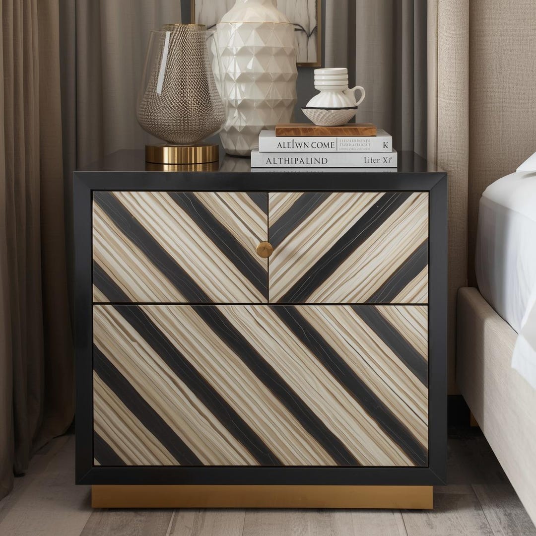 Bone Inlay Bedside Table • Geometric Chevron Nightstand • Luxury Modern ...
