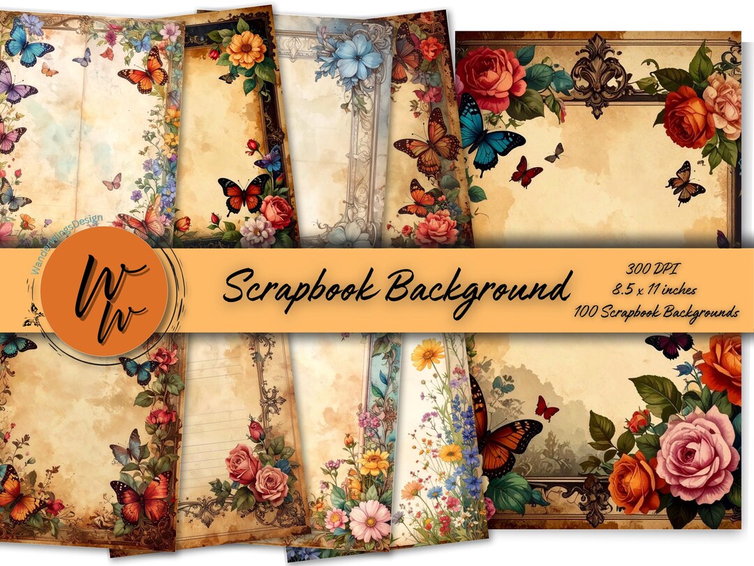 Vintage Floral & Butterfly Scrapbook Backgrounds | 100 Digital Papers ...