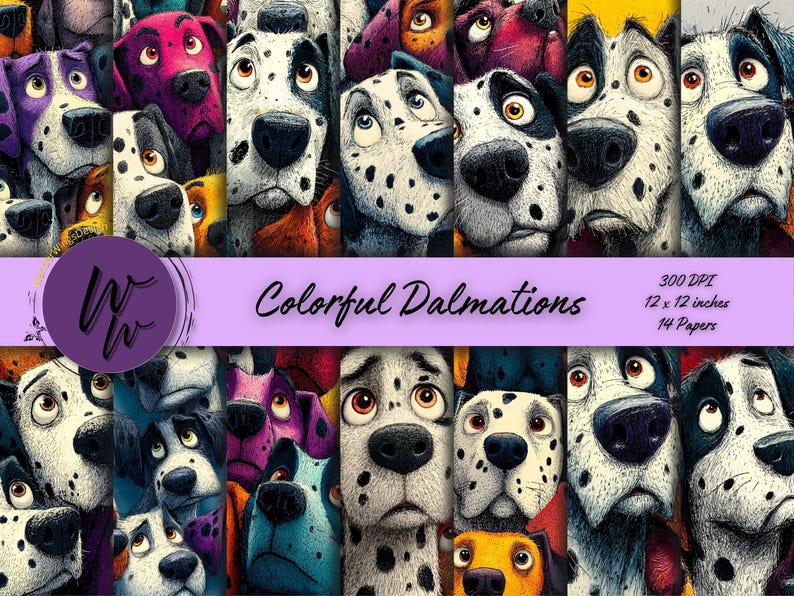Colorful Dalmatians Digital Paper Pack, 14 Scrapbook Papers, 12x12 ...