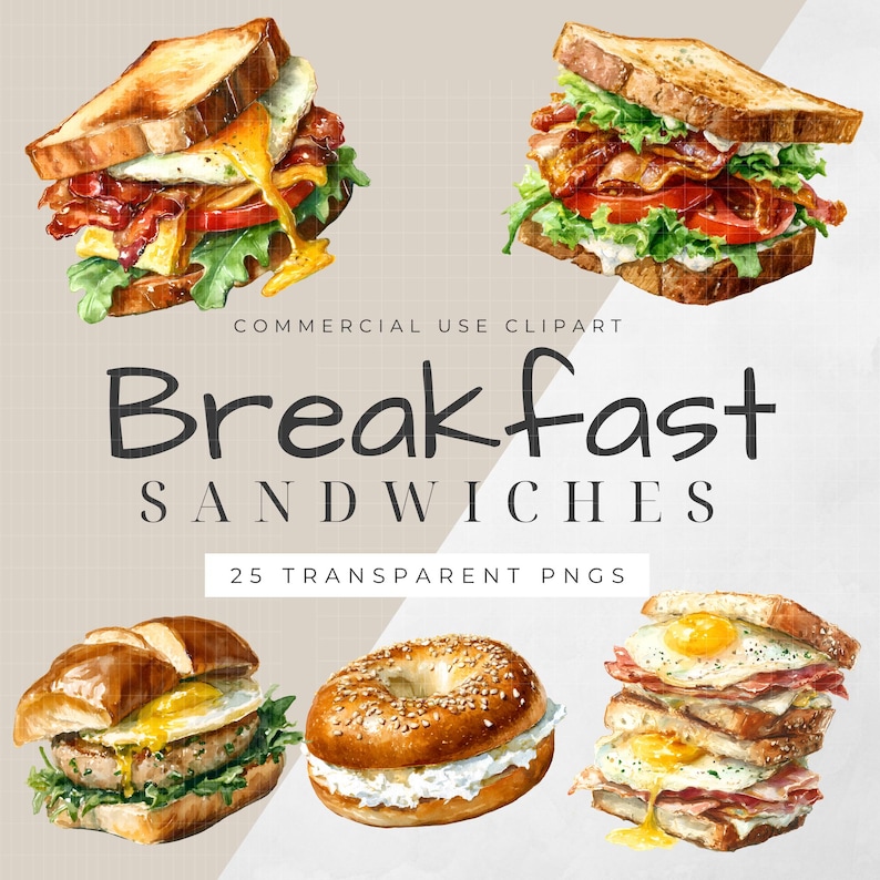 Watercolor Breakfast Sandwiches Clipart, Sausage Egg Clip Art, Avocado ...