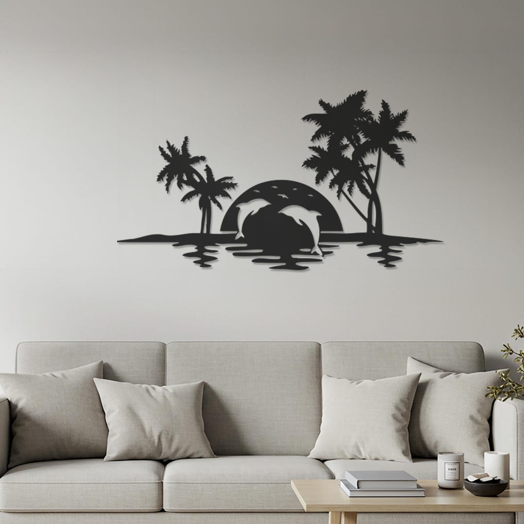 Dolphin Wall Art, Tropical Metal Sign, Sunset Ocean Decor, Beach Theme ...