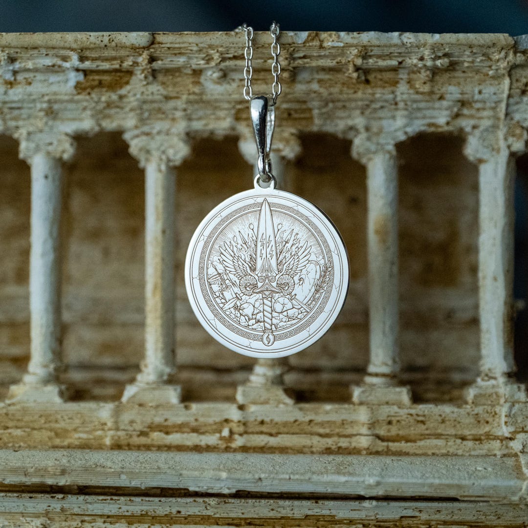 Ares Sword Medallion Necklace: Greek War God Pendant, Engraved Coin - Etsy