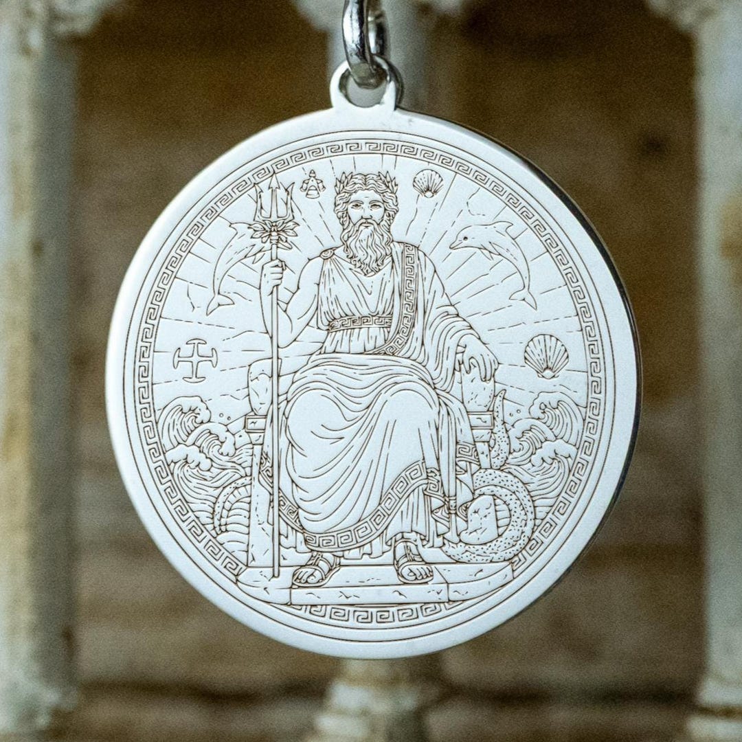 Poseidon Medallion Necklace, Greek Mythology Pendant, Sea God Jewelry ...