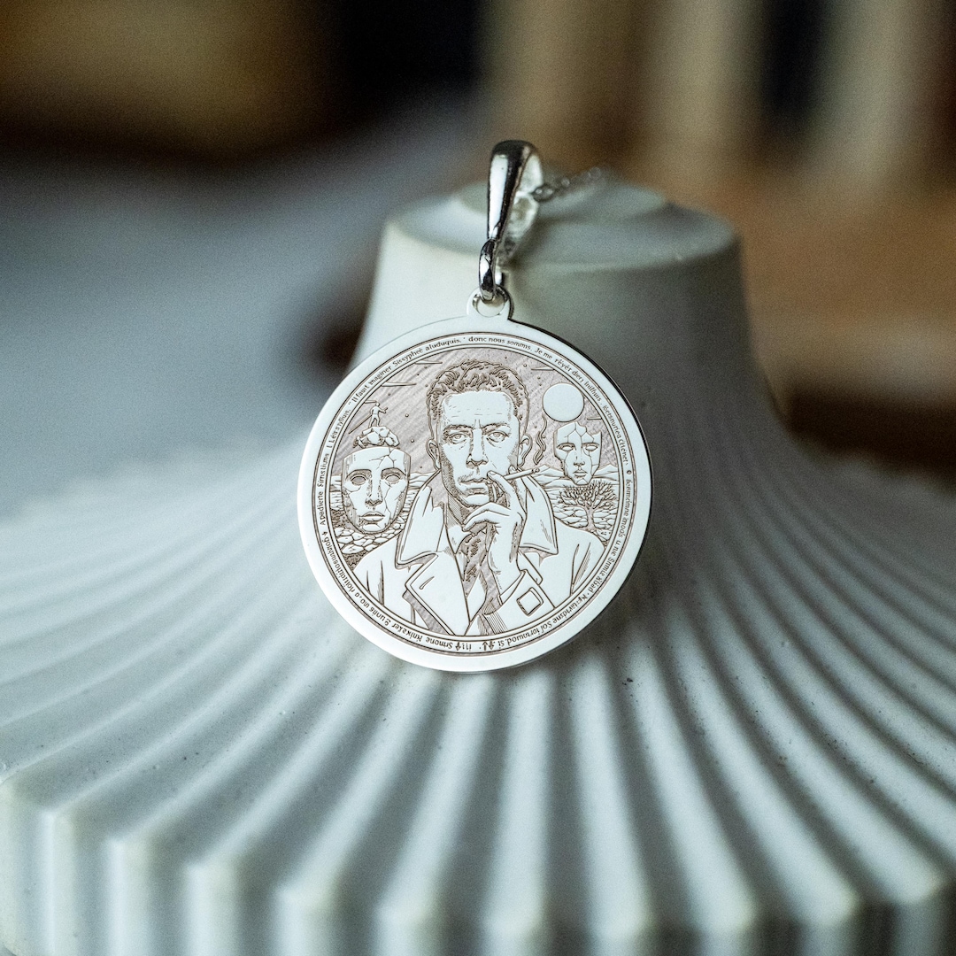 Albert Camus Medallion Necklace: Absurdist Sun & Mask Pendant - Etsy