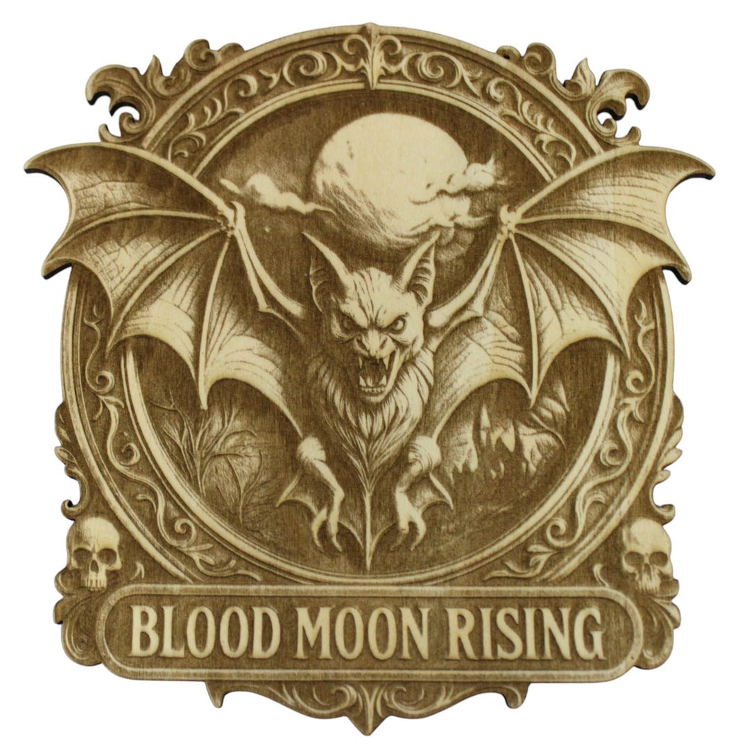 Gothic Bat Engraved Sign – Blood Moon Rising 3D Wood Art, Horror ...