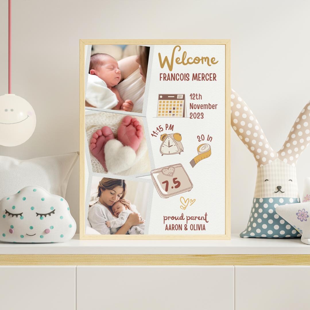 Personalized Baby Birth Stats Photo Poster – Custom Nursery Art ...