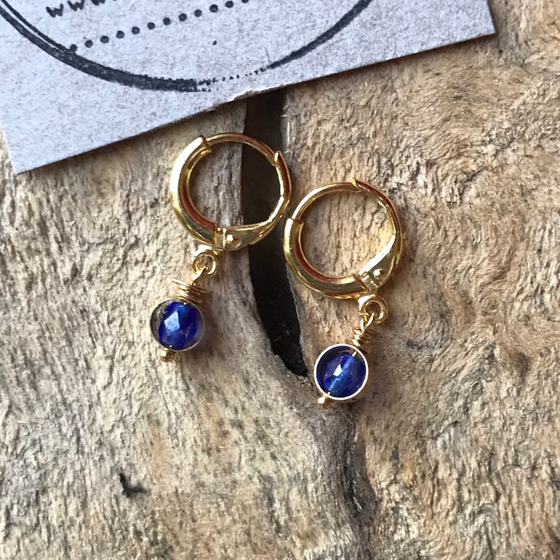 Vintage Sapphire Blue Glass Mini Huggies Hoops/ Small Hoop Earrings ...