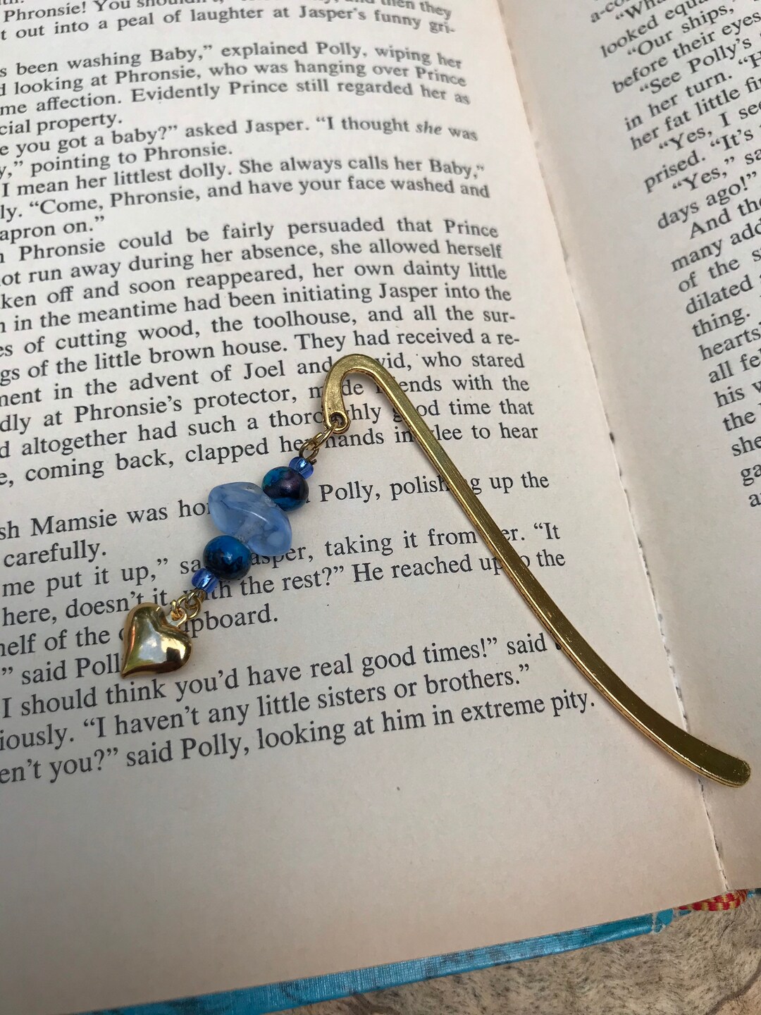 Blue Gold Heart Charm Bookmark/ Gold Heart Charm Bookmark / Blue Heart ...
