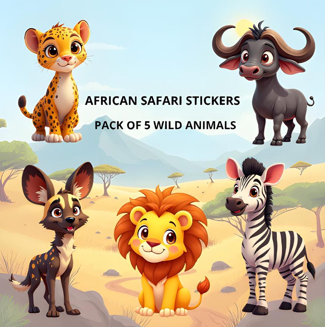 Pack 5units Cute African Safari Stickers - Lion, Leopard, Buffalo ...