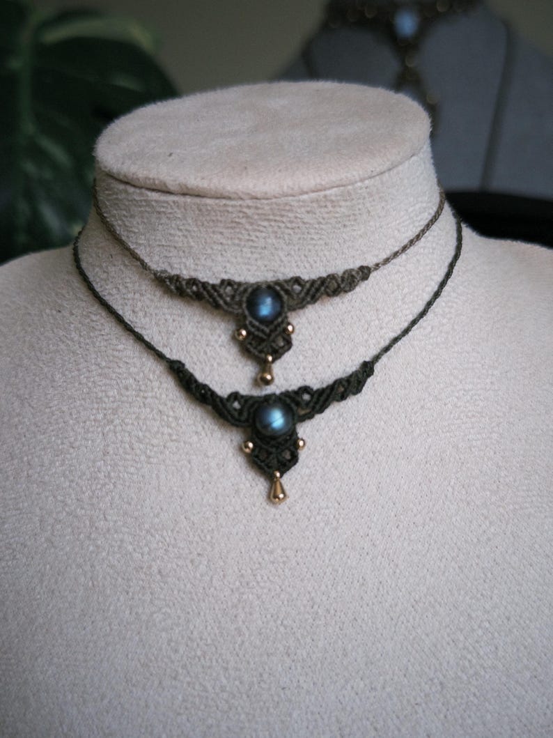 Handmade Moonstone Macrame Choker, Dark Green Boho Pendant Necklace ...