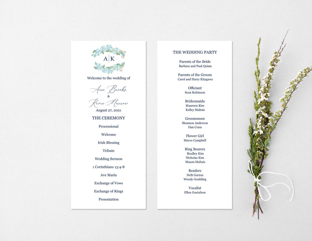 Hydrangea Wreath Wedding Program, Elegant Wedding Ceremony, Customizable Nautical Wedding, Cape ...