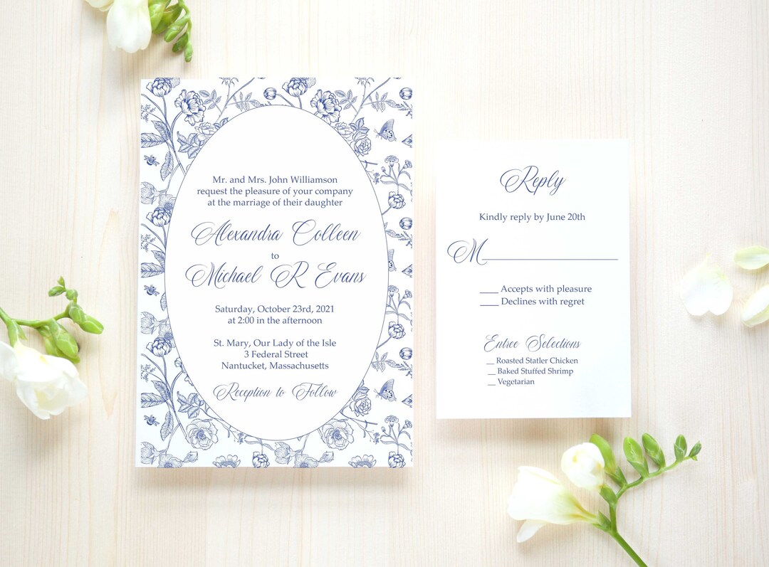 Blue Floral Wedding Invitation: Nautical Cape Cod Design - Etsy