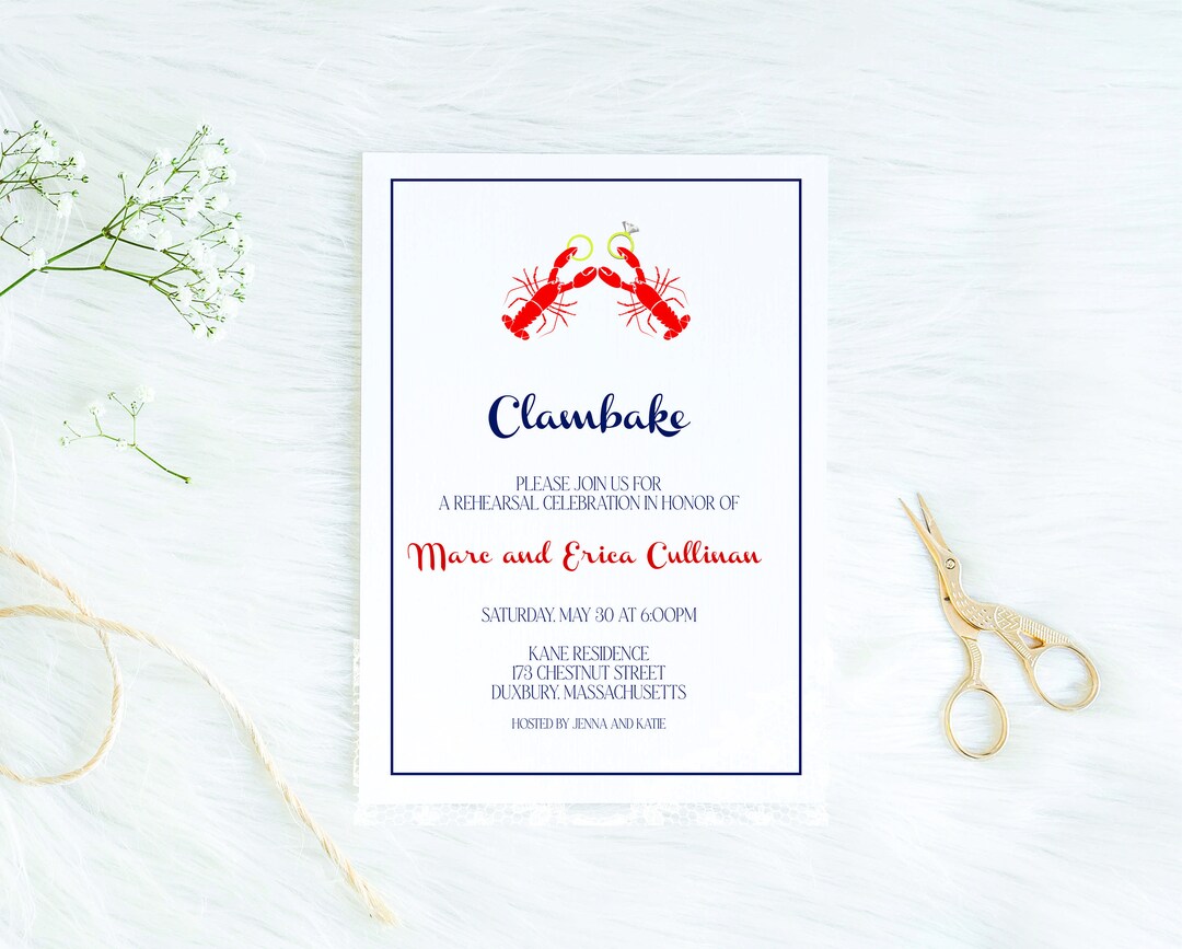Lobsters Wedding Rings Invitation, Lobster Rehearsal Dinner Invitation ...