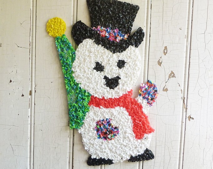 1970s Melted Plastic Popcorn Snowman W/ Christmas Tree Wall Hanging ...
