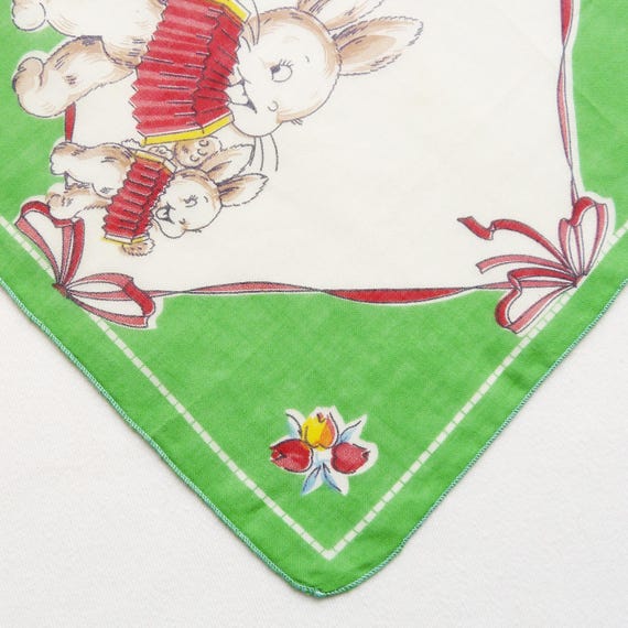 1950s Green Bunny Child's Handkerchief, Bunnies Playi… - Gem