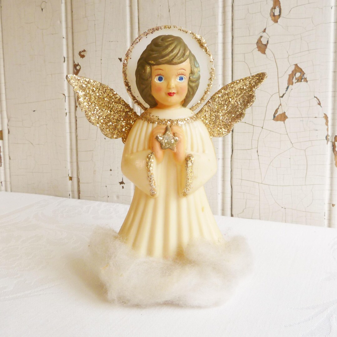 1970s Doubl Glo Christmas Angel Tree Topper With Cotton Cloud & Glitter ...