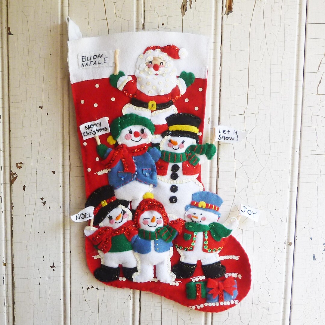 Vintage Completed Bucilla Christmas Stocking: Cheerful Snowmen & Santa ...