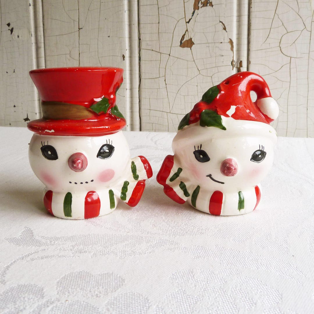 1960s Lefton Mr and Mrs Snowman Head Salt & Pepper - Holiday Shaker Set ...