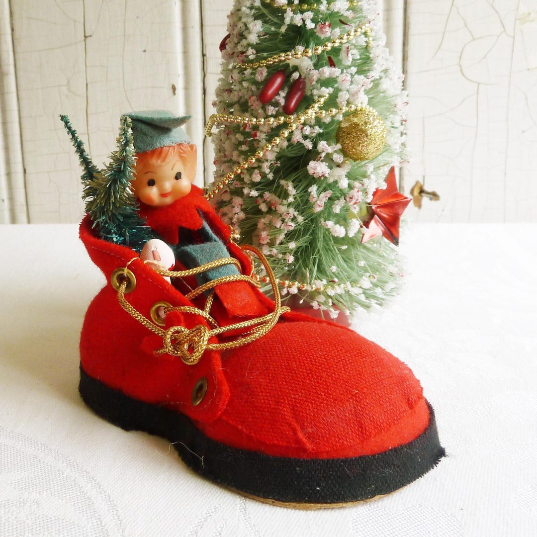 Buy 1950s Knee Hugger Elf in Felt Shoe With Bottle Brush Trees: Vintage ...