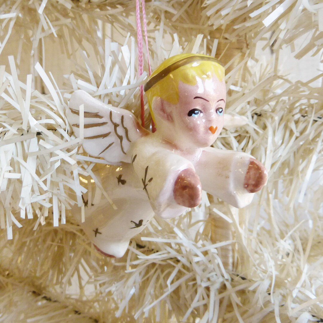 1950s Flying Angel Ornament, Starburst Gown - Ceramic Angel Figure Pink ...