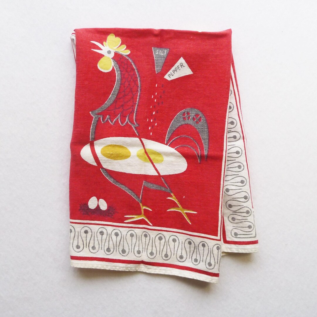 1950s Rooster & Egg Tea Towel - Red Dish Towel W/ Chickens and Fried ...