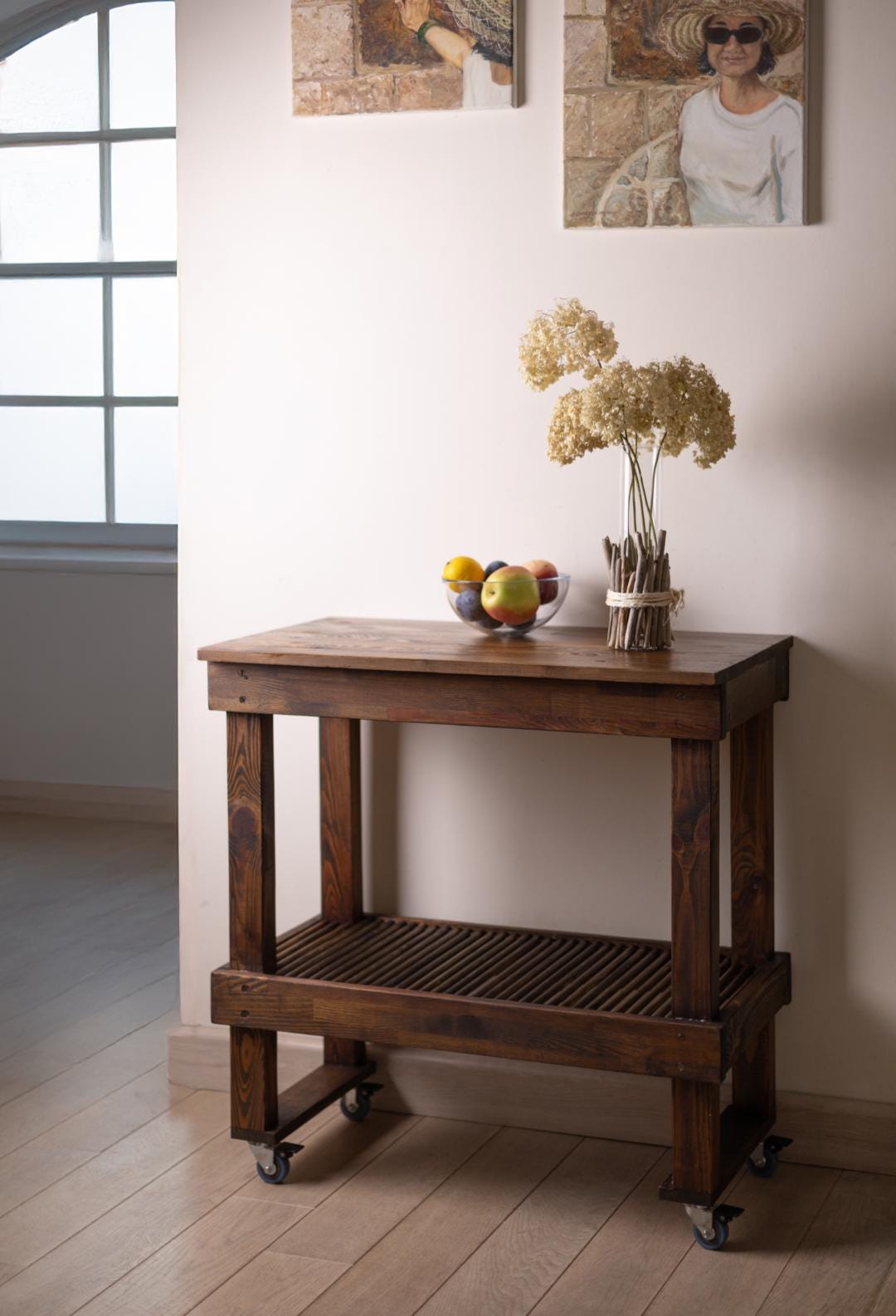 Rustic Farmhouse Rolling Console Table | Custom Stain & Size Kitchen ...