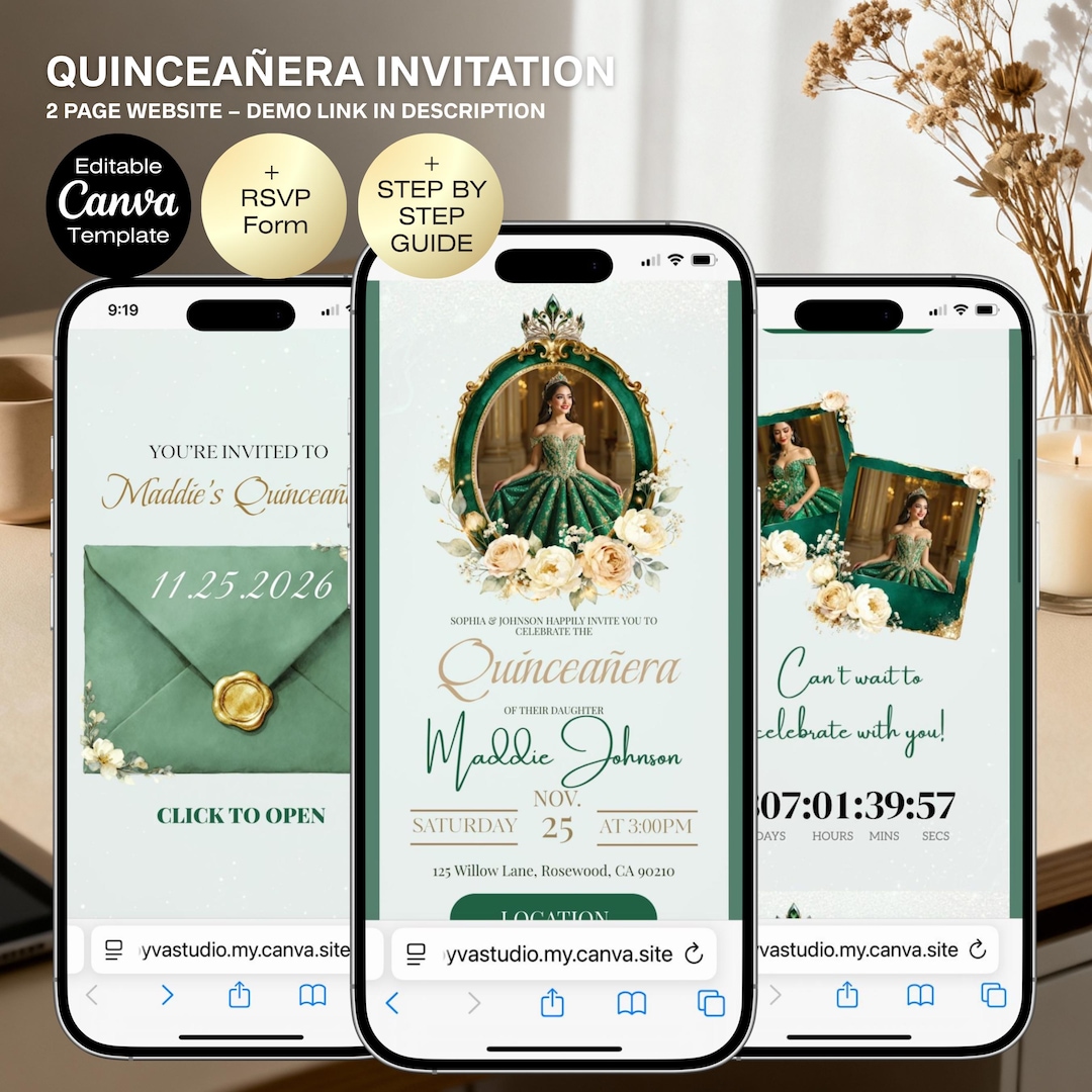 Emerald Green Quinceañera Invitation Website Template | Editable 15th ...