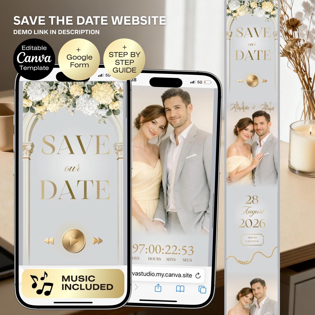 Save the Date Template Website Invitation With RSVP | Grey Yellow Gold ...