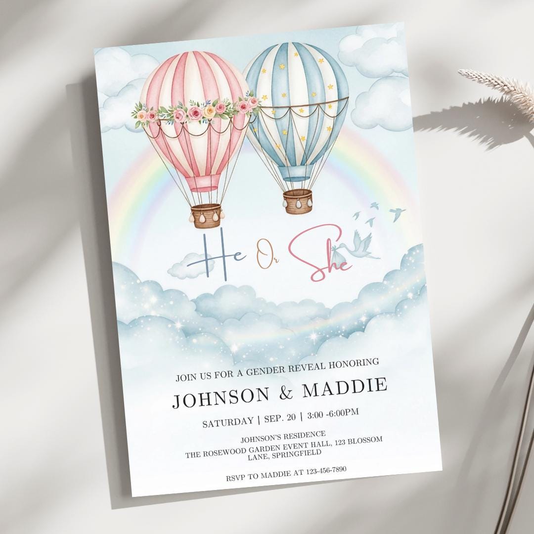 Balloons Gender Reveal Invitation| Whimsical Hot Air Balloons Gender ...
