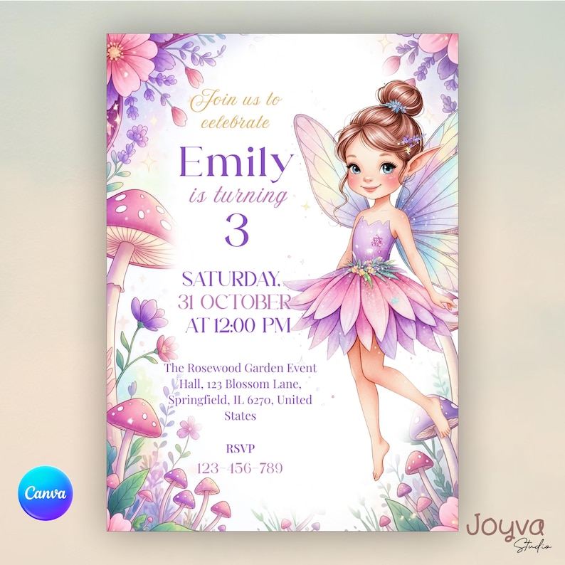 Fairy First Birthday Invitation Girl - Editable Canva Template - Fairy ...