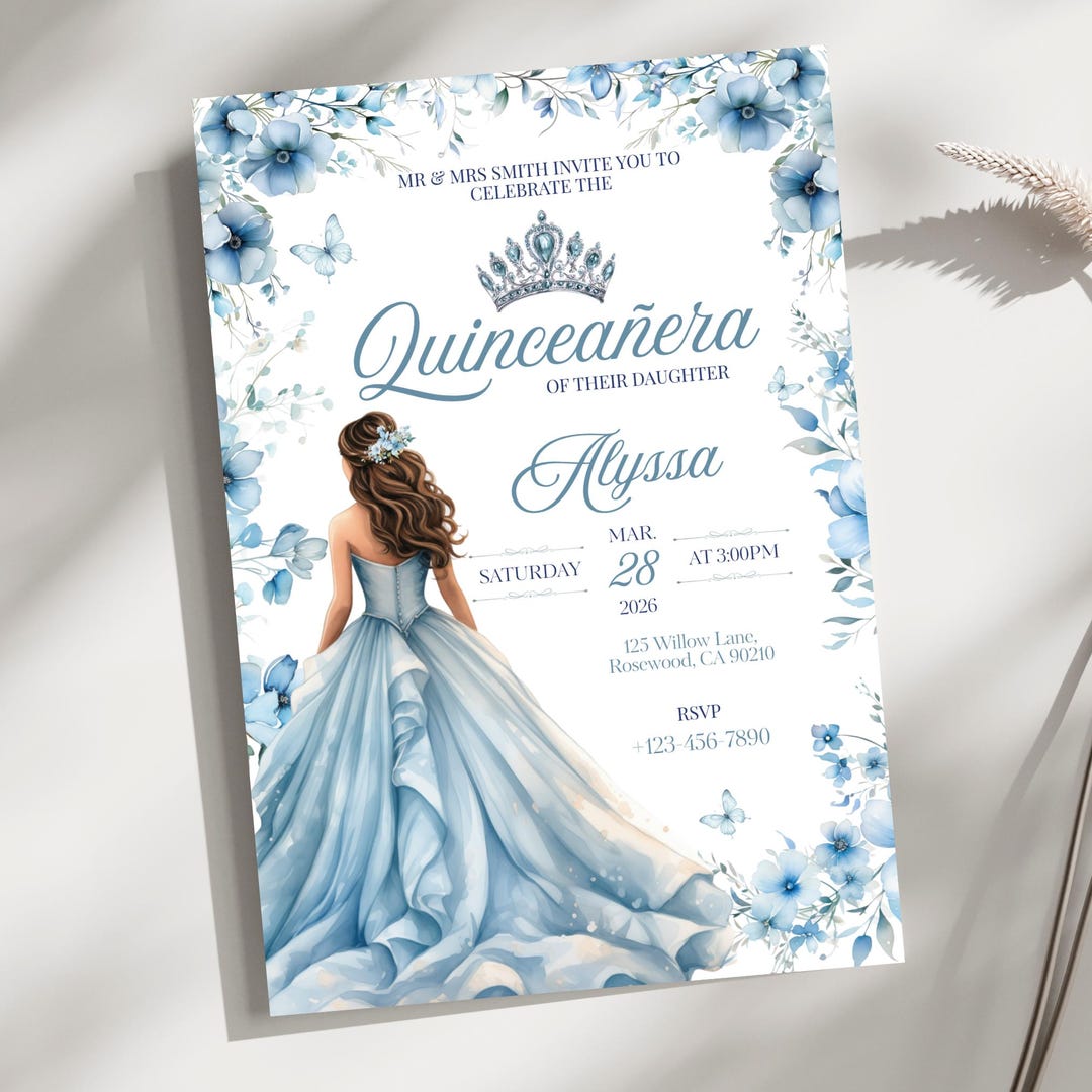 Quinceañera Light Blue Invitation | Baby Blue Quinceanera 5x7 Canva ...