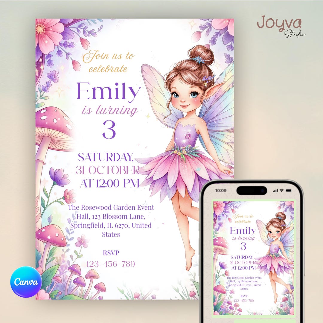 Fairy First Birthday Invitation Girl - Editable Canva Template - Fairy ...
