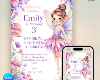 Fairy First Birthday Invitation Girl - Editable Canva Template - Fairy ...
