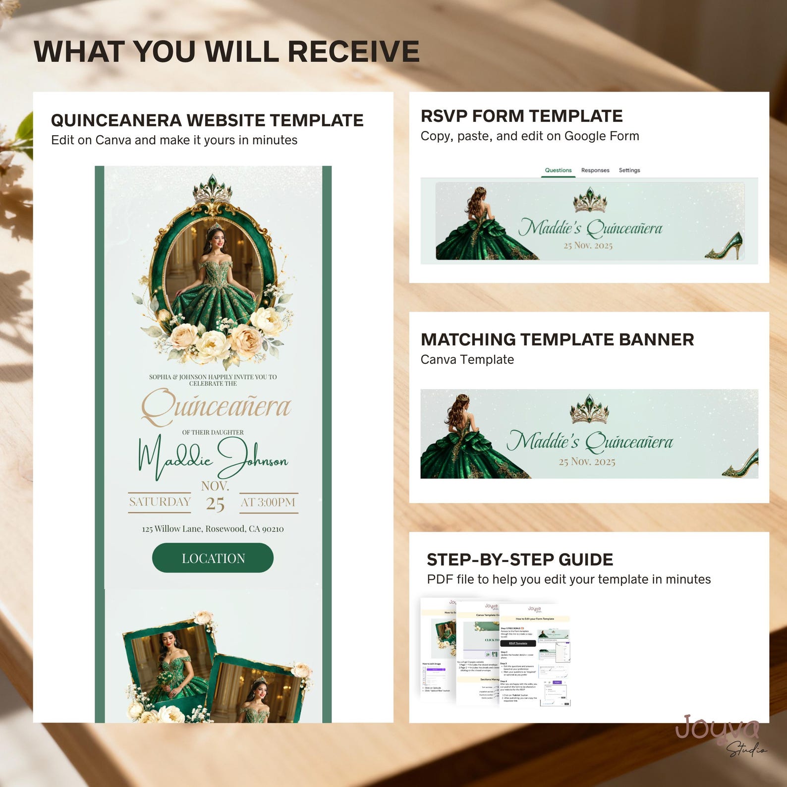 Emerald Green Quinceañera Invitation Website Template | Editable 15th ...