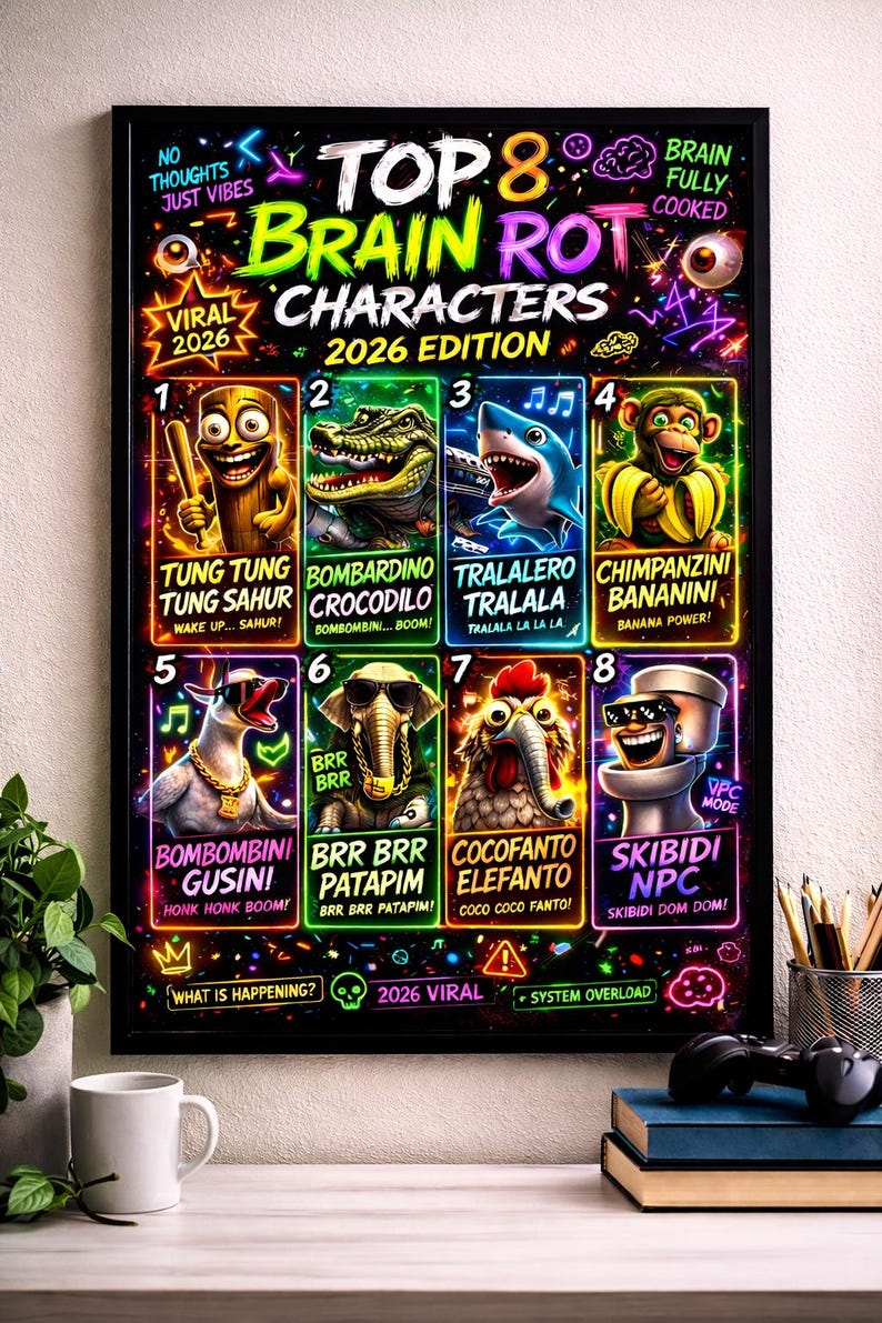 Funny Kids Meme Poster 2026 | Brain Rot Characters Wall Art | Bright ...