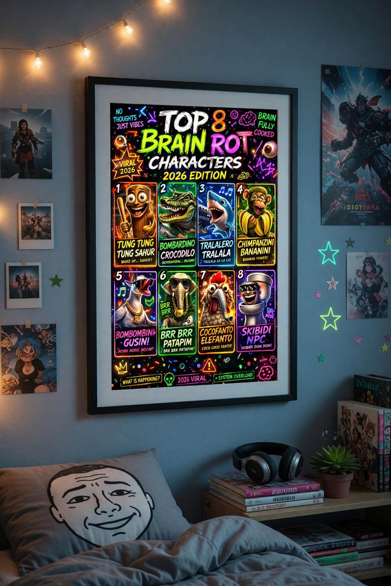 Top 8 Brain Rot Characters Poster 2026 | Funny Meme Wall Art | Viral ...