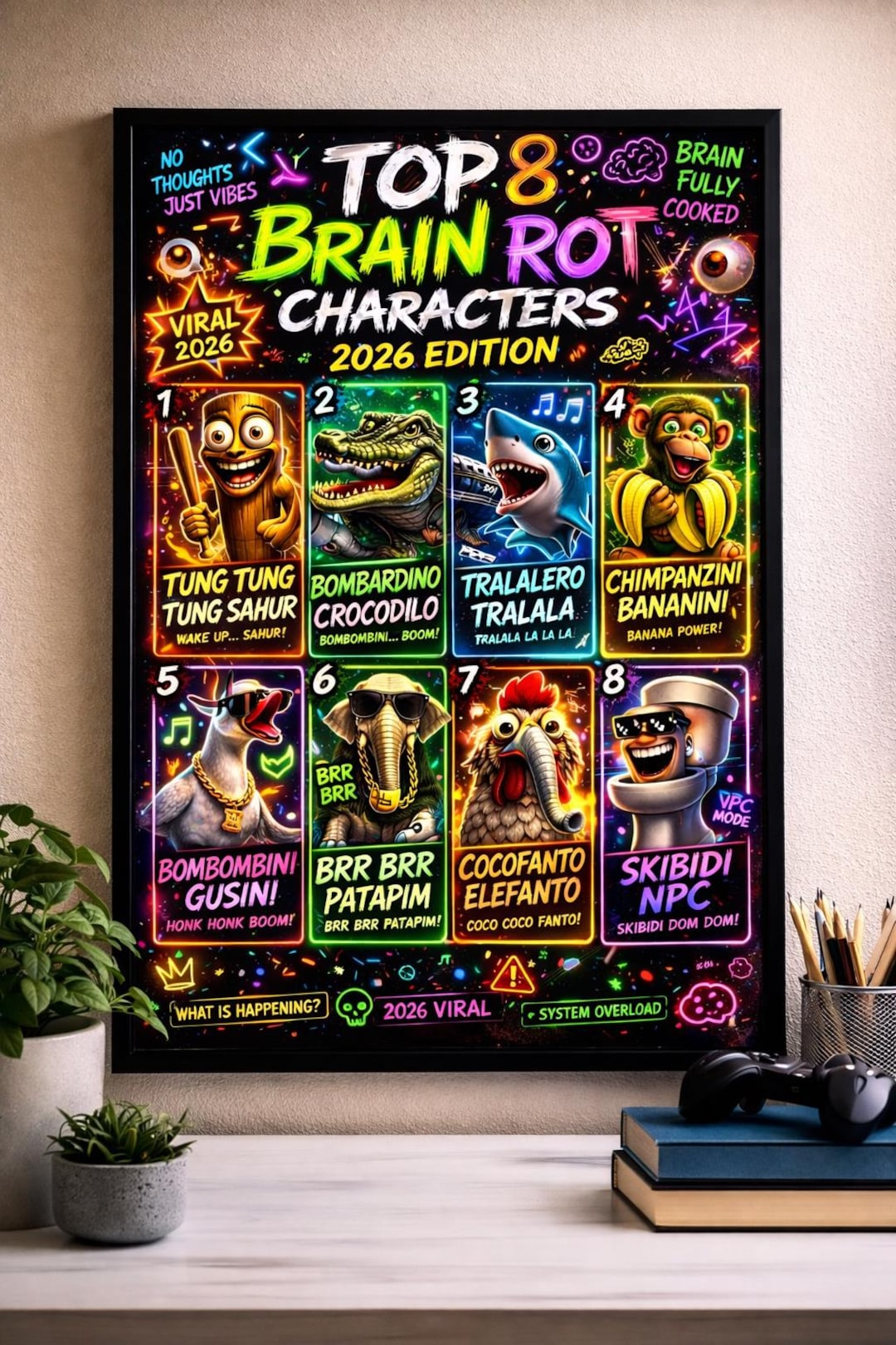 Top 8 Brain Rot Characters Poster 2026 | Funny Meme Wall Art | Viral ...