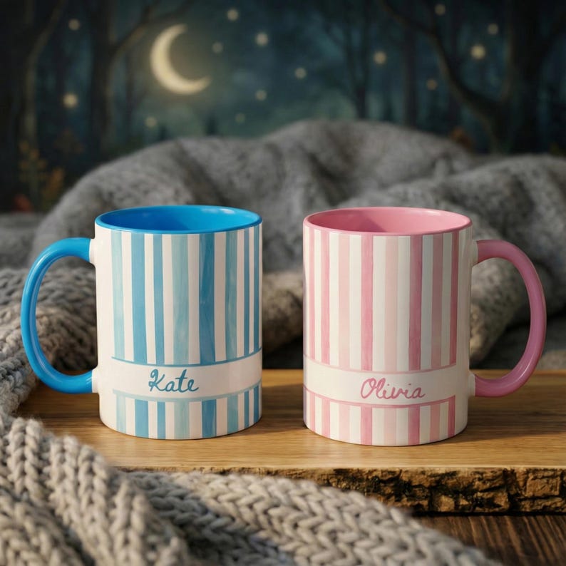 Personalized Striped Ceramic Mug, Custom Name Coffee Cup, Birthday Gift ...