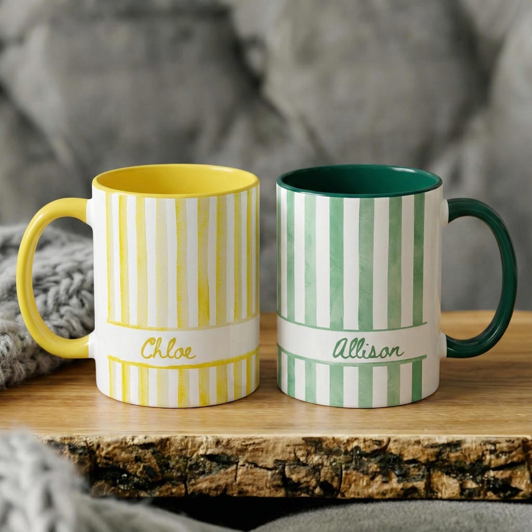 Personalized Striped Ceramic Mug, Custom Name Coffee Cup, Birthday Gift ...