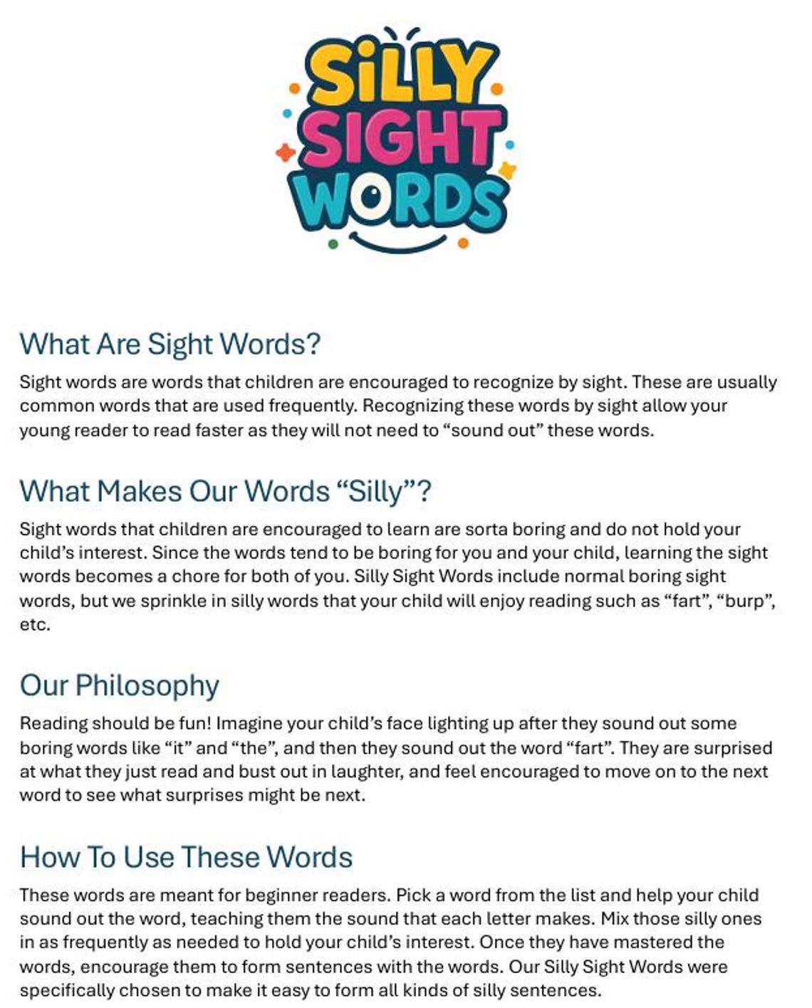Silly Sight Words - 100+ Printable Flashcards for Beginning Readers ...
