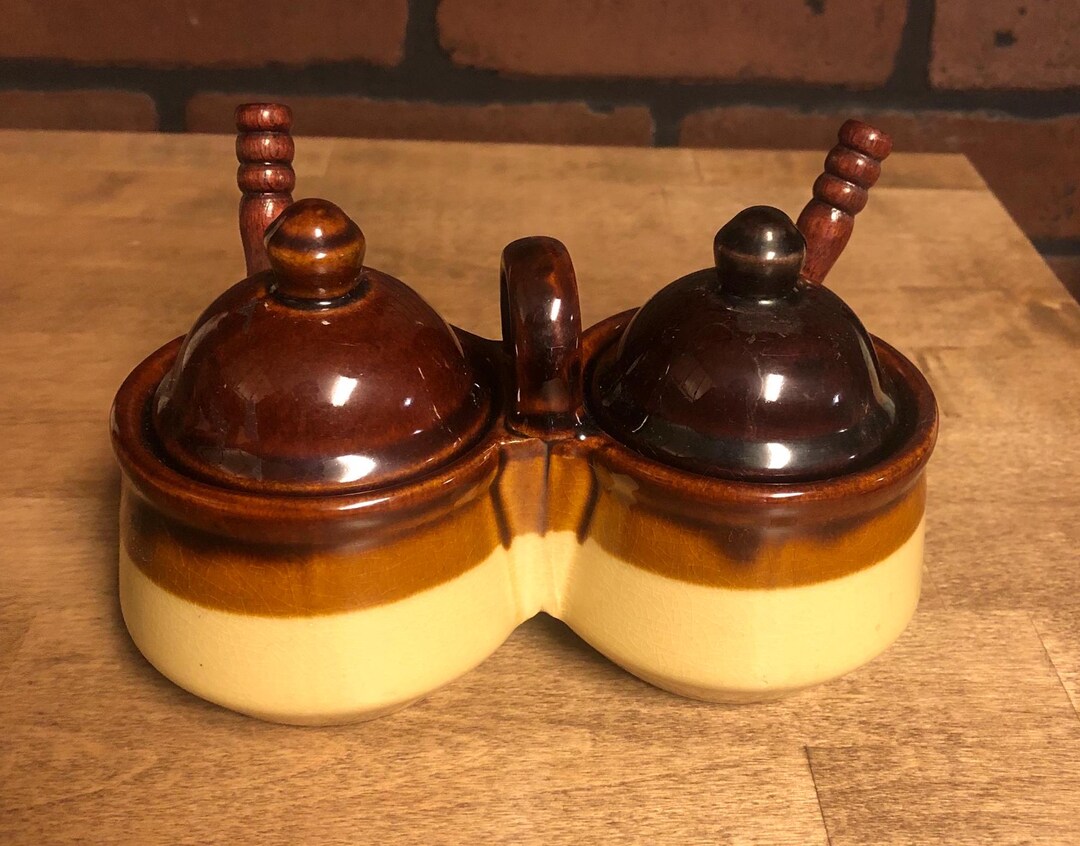 Vintage Brown Stoneware Pottery Condiment Jar Holder W/ Spoons - Etsy