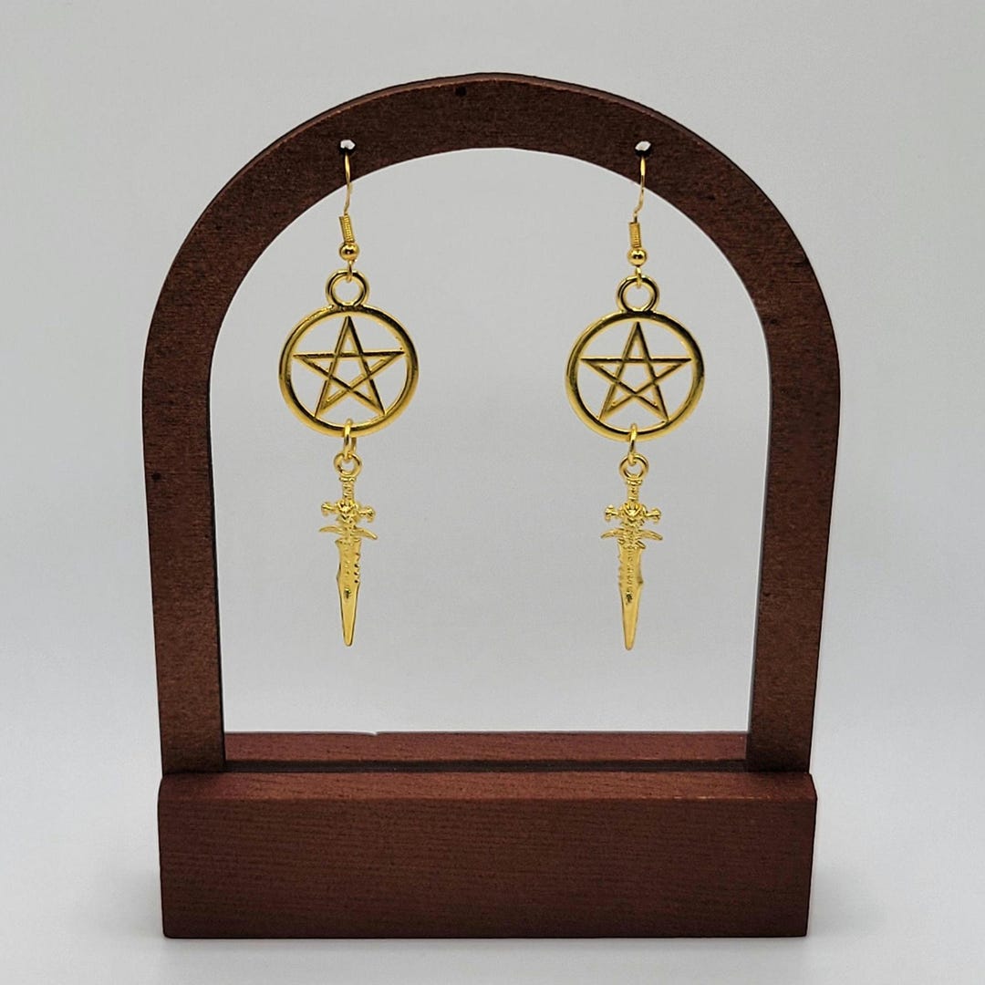 Gold Pentacle and Sword Dangle Earrings: Witch Ceremony Jewelry - Etsy