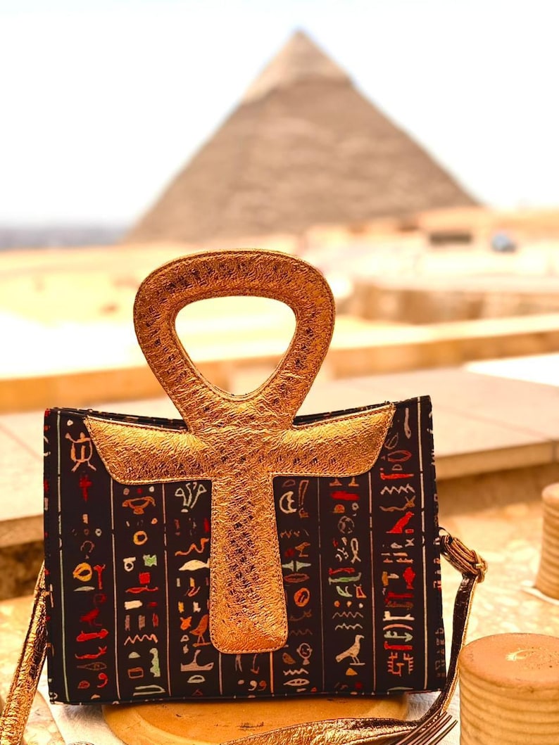 Handmade Egyptian Ankh Bag – Gold Hieroglyphic Purse, Ancient Pharaonic ...