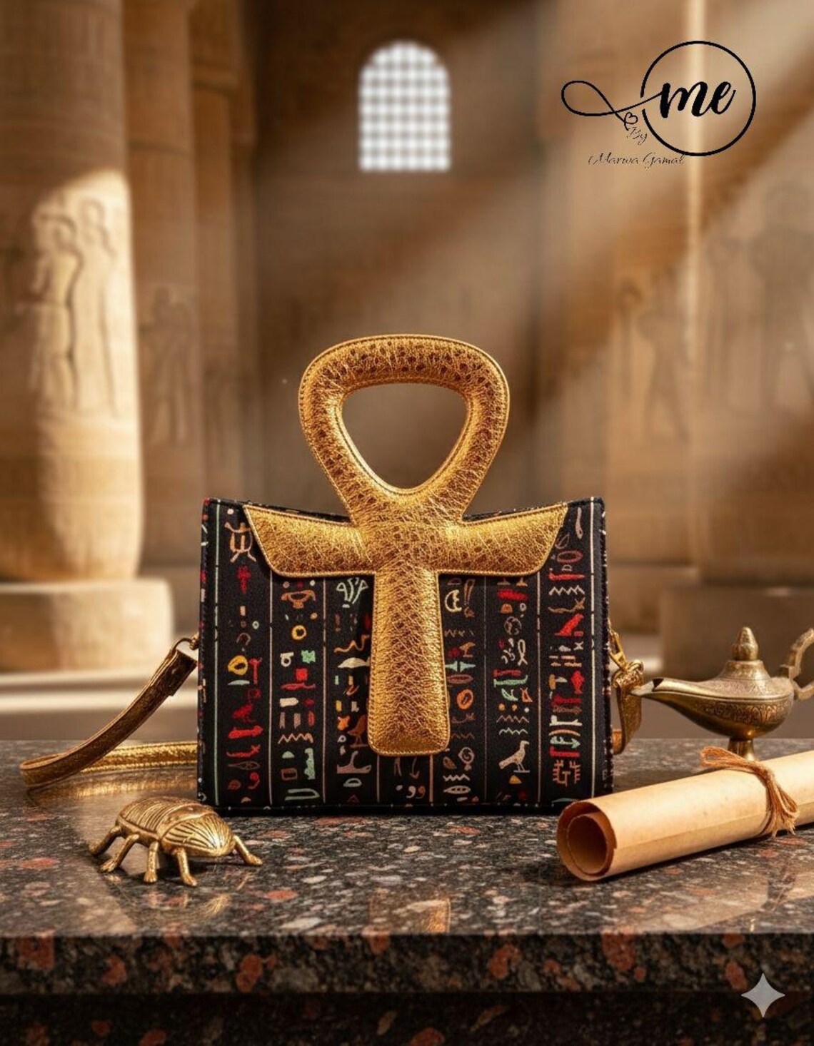 Handmade Egyptian Ankh Bag – Gold Hieroglyphic Purse, Ancient Pharaonic ...